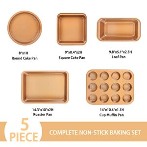 Wokic Nonstick Baking Pans Set - 5-Piece Baking Sheet with Round Cake Pan, Square Cake Pan, Loaf Pan, Muffin Pan, and Roasting Pan, Dishwasher Safe, Oven Safe, and Easy to Clean