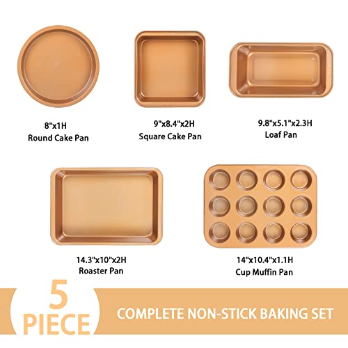 Wokic Nonstick Baking Pans Set - 5-Piece Baking Sheet with Round Cake Pan, Square Cake Pan, Loaf Pan, Muffin Pan, and Roasting Pan, Dishwasher Safe, Oven Safe, and Easy to Clean