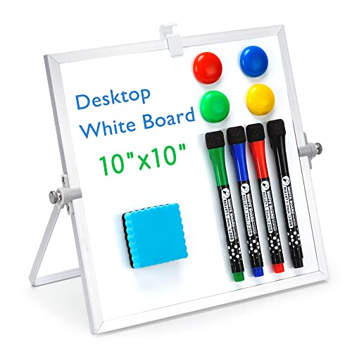 Vusign Dry Erase White Board, 10inX10in Magnetic Desktop Whiteboard with Stand, 10 Markers, 4 Magnets, 1 Eraser, Portable Double-Sided White Board Easel for Office, Home, School, Kids Drawing, Memo