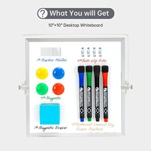 Vusign Dry Erase White Board, 10inX10in Magnetic Desktop Whiteboard with Stand, 10 Markers, 4 Magnets, 1 Eraser, Portable Double-Sided White Board Easel for Office, Home, School, Kids Drawing, Memo