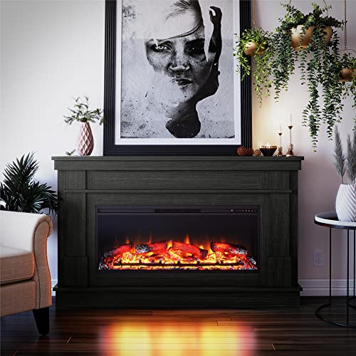 Ameriwood Home Elmcroft Wide Mantel with Linear Electric Fireplace, Black Oak