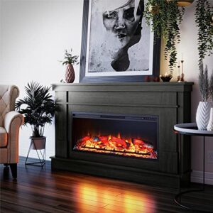 Ameriwood Home Elmcroft Wide Mantel with Linear Electric Fireplace, Black Oak