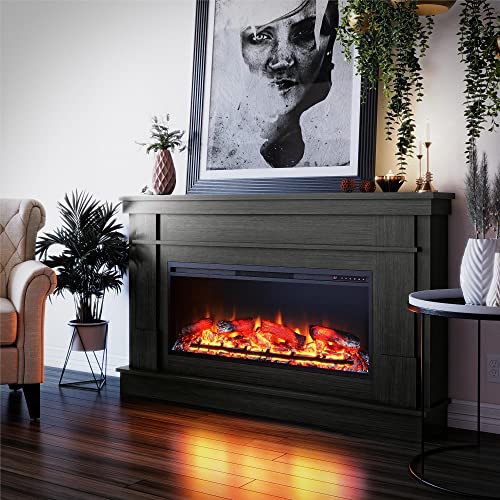 Ameriwood Home Elmcroft Wide Mantel with Linear Electric Fireplace, Black Oak