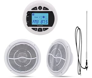 herdio marine radio and speakers set compatable with bluetooth, marine gauge head unit+6.5 inch marine flush wall mount ceiling speakers+rubber flexible mast fm am antenna white