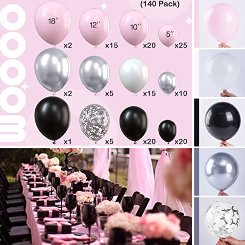 PartyWoo 140 pcs Black Pink and Silver Balloon Garland, Pack of Black, Pastel Pink, White and Silver Balloons for Balloon Garland as Birthday Decorations, Baby Shower Decorations, Wedding Decorations