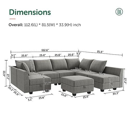 HONBAY Reversible Sectional Modular Couch with Ottoman U Shaped Storage Oversized Sectional Sleeper Sofa with Wide Chaise for Living Room, Grey