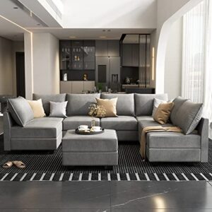 HONBAY Reversible Sectional Modular Couch with Ottoman U Shaped Storage Oversized Sectional Sleeper Sofa with Wide Chaise for Living Room, Grey