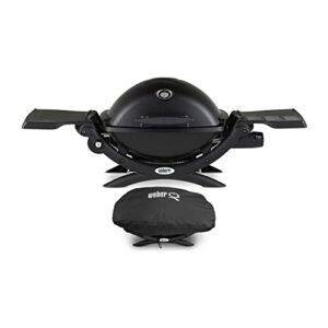 weber q 1200 gas grill - lp gas (black) with grill cover bundle (2 items)