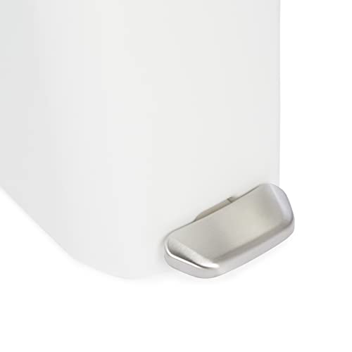 Amazon Basics Compact Bathroom Plastic Rectangular Trash Can with Steel Pedal Step, White, 6 Liters