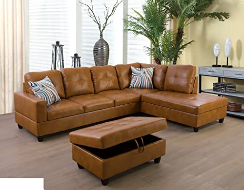 AYCP Golden Coast Furniture Sectional Sofa Set, L Shape Couch, Living Room Sofa Set, Leather Sectional Sofa with Storage Ottoman 103.5inch x 74.5inch x 35inch