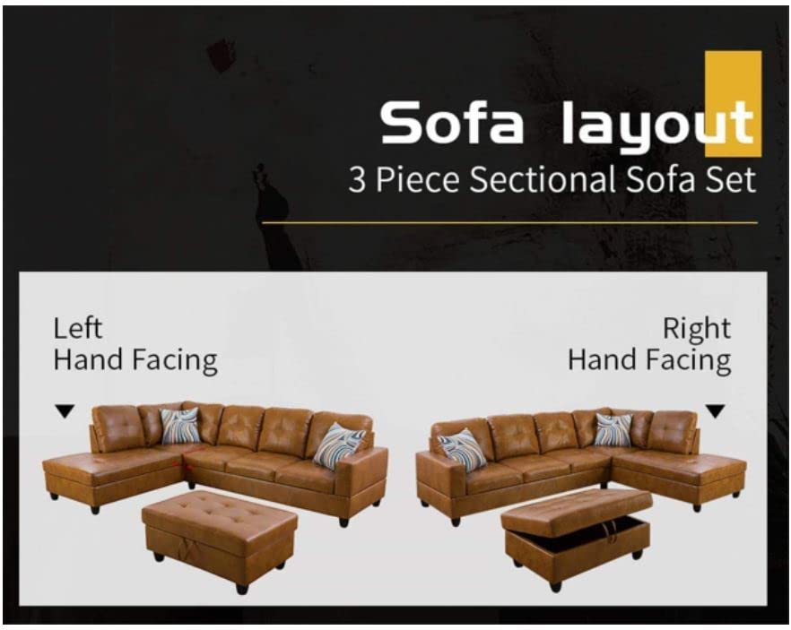 AYCP Golden Coast Furniture Sectional Sofa Set, L Shape Couch, Living Room Sofa Set, Leather Sectional Sofa with Storage Ottoman 103.5inch x 74.5inch x 35inch