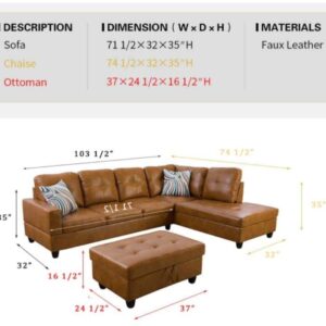 AYCP Golden Coast Furniture Sectional Sofa Set, L Shape Couch, Living Room Sofa Set, Leather Sectional Sofa with Storage Ottoman 103.5inch x 74.5inch x 35inch