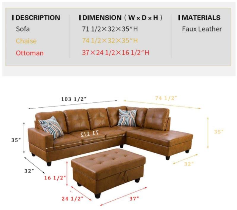 AYCP Golden Coast Furniture Sectional Sofa Set, L Shape Couch, Living Room Sofa Set, Leather Sectional Sofa with Storage Ottoman 103.5inch x 74.5inch x 35inch