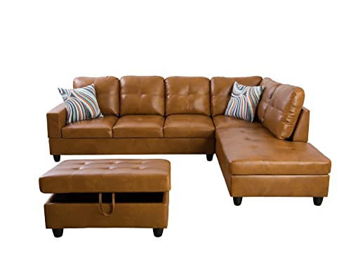 AYCP Golden Coast Furniture Sectional Sofa Set, L Shape Couch, Living Room Sofa Set, Leather Sectional Sofa with Storage Ottoman 103.5inch x 74.5inch x 35inch