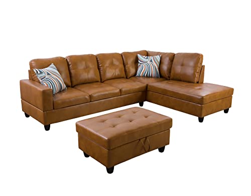 AYCP Golden Coast Furniture Sectional Sofa Set, L Shape Couch, Living Room Sofa Set, Leather Sectional Sofa with Storage Ottoman 103.5inch x 74.5inch x 35inch