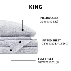 Comfort Spaces 100% Cotton Sheets King, Breathable, Naturally Cool Cotton Sheets, Soft Cotton Bed Sheets with 14" Elastic Pocket Fits up to 16" Mattress, All Seasons Sheet Set, Adelia Gray 4 Piece