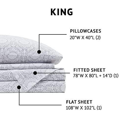 Comfort Spaces 100% Cotton Sheets King, Breathable, Naturally Cool Cotton Sheets, Soft Cotton Bed Sheets with 14" Elastic Pocket Fits up to 16" Mattress, All Seasons Sheet Set, Adelia Gray 4 Piece