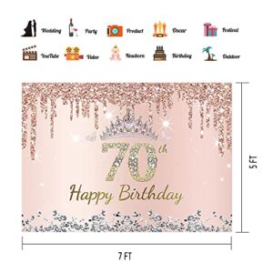 PHMOJEN 70th Birthday Backdrop for Women Pink Rose Gold Glitter Silver Diamonds 70 Year Old Birthday Party Decoration Photo Backdrop Happy 70 Bday Poster Vinyl 7x5ft Photo Booth Props BJGJPH44