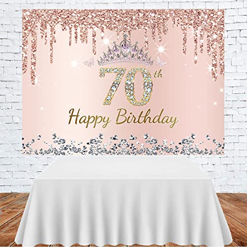 PHMOJEN 70th Birthday Backdrop for Women Pink Rose Gold Glitter Silver Diamonds 70 Year Old Birthday Party Decoration Photo Backdrop Happy 70 Bday Poster Vinyl 7x5ft Photo Booth Props BJGJPH44