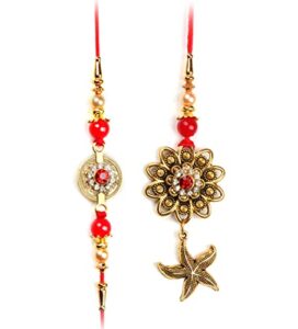 lumba rakhi for brother & bhabhi set / bhaiya bhabhi rakhi thread jodi kundan rakhi combo (design 1, standard)