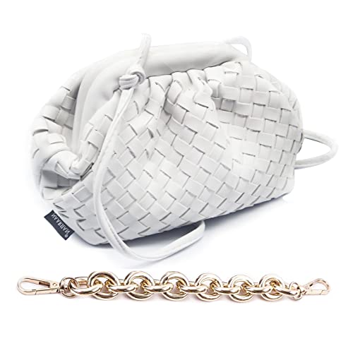 NAARIIAN Trendy Dumpling Ruched Clutch Cloud Shape Dupe Chunky Chain Shoulder Bag PU Leather Woven Handbag(White S)