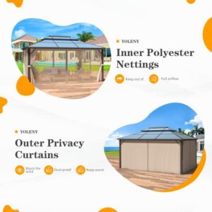 YOLENY 12'x16' Hardtop Gazebo, Outdoor Polycarbonate Double Roof Canopy, Aluminum Frame Permanent Pavilion with Curtains and Netting, Sunshade for Garden, Patio, Lawns