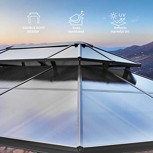 YOLENY 12'x16' Hardtop Gazebo, Outdoor Polycarbonate Double Roof Canopy, Aluminum Frame Permanent Pavilion with Curtains and Netting, Sunshade for Garden, Patio, Lawns