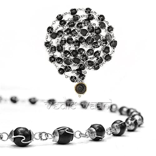 Vedic Vaani Shaligram Mala In German Silver Oval Beads Wearing For Shringar Deity Idol (1 Pcs)