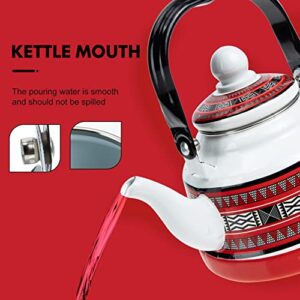 Zerodeko 1.1L Enamel Tea Kettle Stovetop Teapot Porcelain Enameled Teakettle Farmhouse Geometric Patterns Hot Water Kettle Pot for Camping Outdoor Kitchen Hotel Red