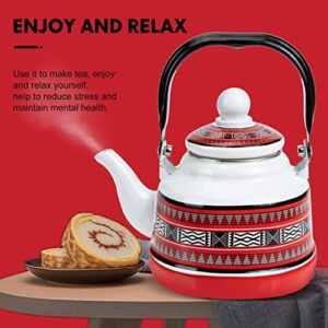 Zerodeko 1.1L Enamel Tea Kettle Stovetop Teapot Porcelain Enameled Teakettle Farmhouse Geometric Patterns Hot Water Kettle Pot for Camping Outdoor Kitchen Hotel Red