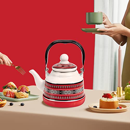 Zerodeko 1.1L Enamel Tea Kettle Stovetop Teapot Porcelain Enameled Teakettle Farmhouse Geometric Patterns Hot Water Kettle Pot for Camping Outdoor Kitchen Hotel Red