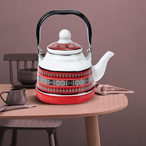 Zerodeko 1.1L Enamel Tea Kettle Stovetop Teapot Porcelain Enameled Teakettle Farmhouse Geometric Patterns Hot Water Kettle Pot for Camping Outdoor Kitchen Hotel Red