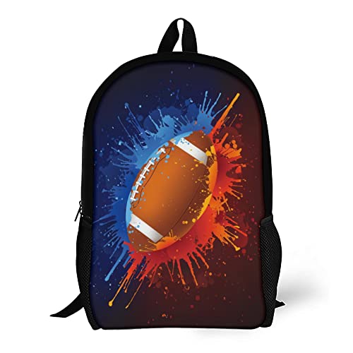 WZOMT American Football Backpacks for Teen Boys Girls Mens Women Water Fire Rugby Ball Blue Red Splash on Black Daypack College High Middle Elementary School Bookbags Large 17" Travel Bags