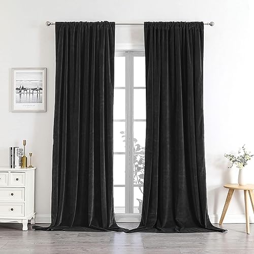 Joydeco Black Velvet Curtains 90 inch Length 2 Panels Burg Set, Luxury Rod Pocket Thermal Insulated Window Blackout Curtain, Room Darkening Drapes for Living Dining Room Bedroom Privacy