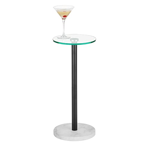 mDesign Glass Top Side/End Drink Table - Small Modern Round Accent Metal Nightstand Furniture for Living Room, Dorm, Home Office, and Bedroom - 9" Round - Clear/Matte Black/White Marble Print