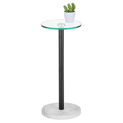 mDesign Glass Top Side/End Drink Table - Small Modern Round Accent Metal Nightstand Furniture for Living Room, Dorm, Home Office, and Bedroom - 9" Round - Clear/Matte Black/White Marble Print