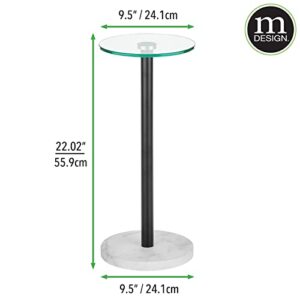 mDesign Glass Top Side/End Drink Table - Small Modern Round Accent Metal Nightstand Furniture for Living Room, Dorm, Home Office, and Bedroom - 9" Round - Clear/Matte Black/White Marble Print