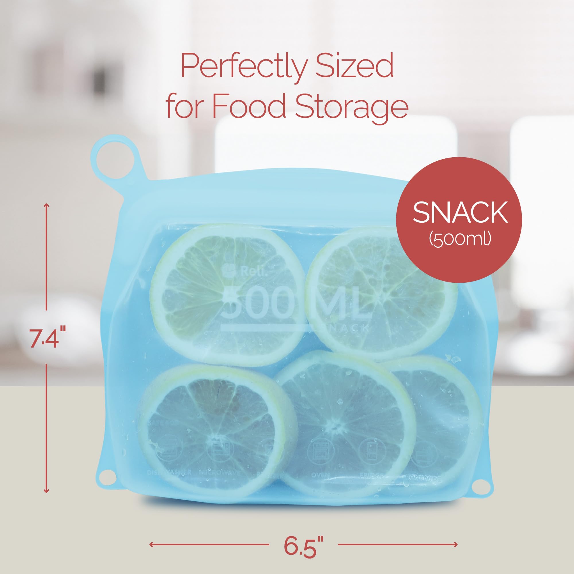 Reli. Reusable Silicone Bag (1 Pack) | Snack (500 ml), Aqua | Silicone Bag for Food Storage | Small Reusable Food Storage Bag for Food, Meal Prep, Storage | Leak-Proof, Dishwasher/Freezer Safe