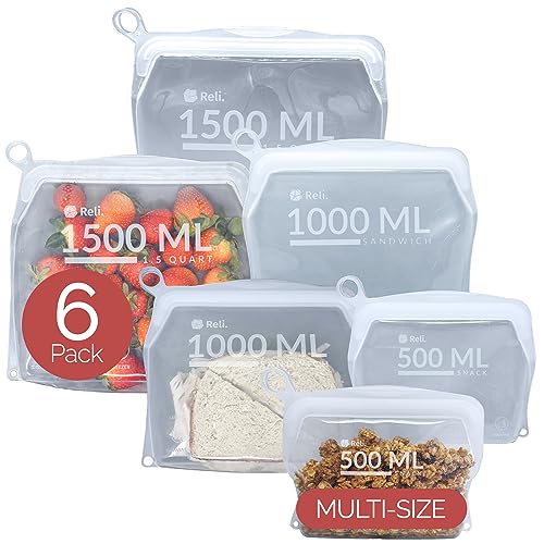 Reli. Reusable Silicone Bags (6 Pack, Multi-Size) | 2 Snack, 2 Sandwich, 2 Gallon - Clear | Silicone Bags for Food Storage | Reusable Food Storage Bags for Food, Meal Prep | Dishwasher/Freezer Safe