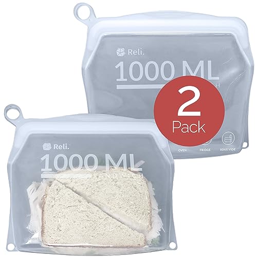 Reli. Reusable Silicone Bags (2 Pack) | Sandwich (1000 ml), Clear | Silicone Bags for Food Storage | Reusable Food Storage Bags for Food, Meal Prep, Storage | Leak-Proof, Dishwasher/Freezer Safe