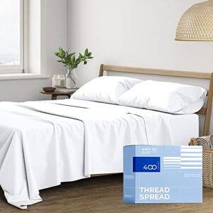 thread spread 100% cotton california king sheet sets - 400 thread count 4 piece cal king sheet set - soft, breathable cooling sheets - deep pocket cal king cotton bedsheets - sateen bedsheet (white)