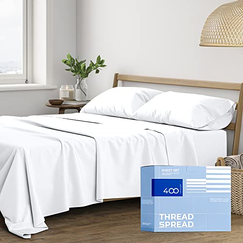 THREAD SPREAD 100% Cotton California King Sheet Sets - 400 Thread Count 4 Piece Cal King Sheet Set - Soft, Breathable Cooling Sheets - Deep Pocket Cal King Cotton Bedsheets - Sateen Bedsheet (White)