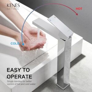 KENES Chrome Bowl Vessel Sink Facuet Single Handle Tall Bathroom Sink Faucet Bathroom Vanity Faucet Basin Mixer Tap with Water Supply Lines and Pop Up Sink Drain, LJ-9031A-5