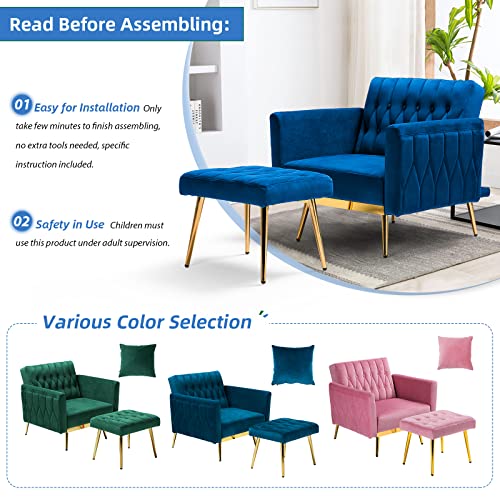 ACMEASE Velvet Accent Chair with Adjustable Armrests and Backrest, Button Tufted Lounge Chair, Single Recliner Armchair with Ottoman and Pillow for Living Room, Bedroom, Blue