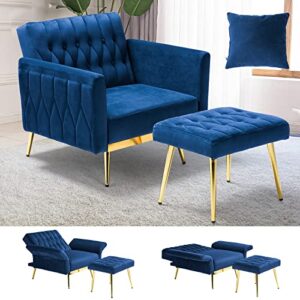 acmease velvet accent chair with adjustable armrests and backrest, button tufted lounge chair, single recliner armchair with ottoman and pillow for living room, bedroom, blue