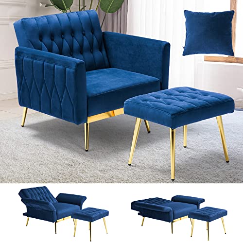 ACMEASE Velvet Accent Chair with Adjustable Armrests and Backrest, Button Tufted Lounge Chair, Single Recliner Armchair with Ottoman and Pillow for Living Room, Bedroom, Blue