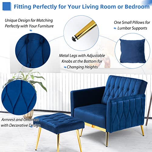 ACMEASE Velvet Accent Chair with Adjustable Armrests and Backrest, Button Tufted Lounge Chair, Single Recliner Armchair with Ottoman and Pillow for Living Room, Bedroom, Blue