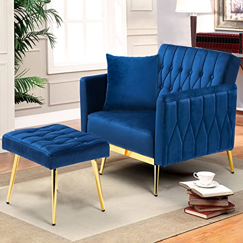 ACMEASE Velvet Accent Chair with Adjustable Armrests and Backrest, Button Tufted Lounge Chair, Single Recliner Armchair with Ottoman and Pillow for Living Room, Bedroom, Blue