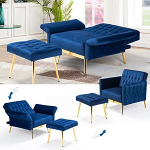 ACMEASE Velvet Accent Chair with Adjustable Armrests and Backrest, Button Tufted Lounge Chair, Single Recliner Armchair with Ottoman and Pillow for Living Room, Bedroom, Blue