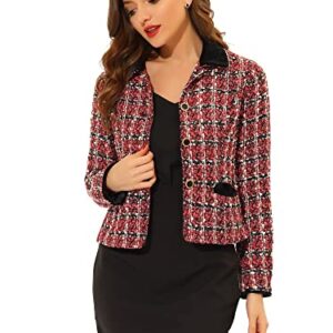 Allegra K Women's Winter Fall Tweed Cropped Suit Blazer Vintage Work Office Short Tweed Jacket Coat Large Red